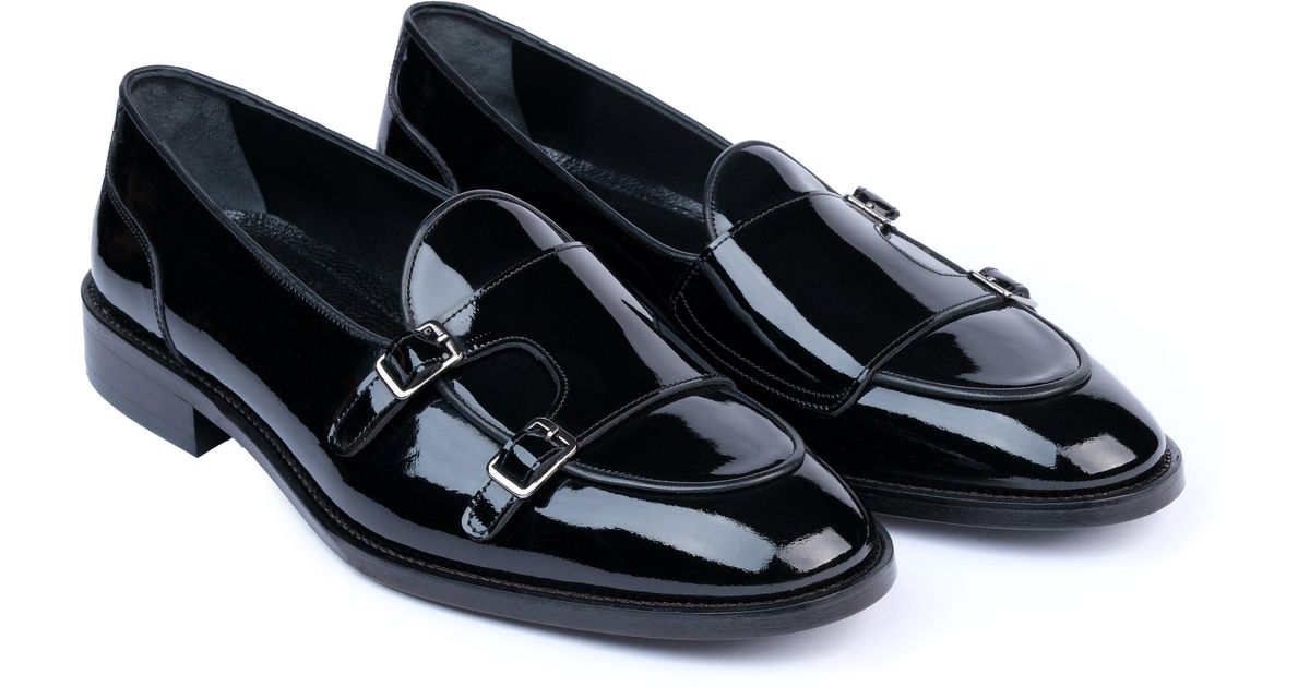 VELLAPAIS Onyx Patent Leather Short Cut Double Monk in Black for Men | Lyst