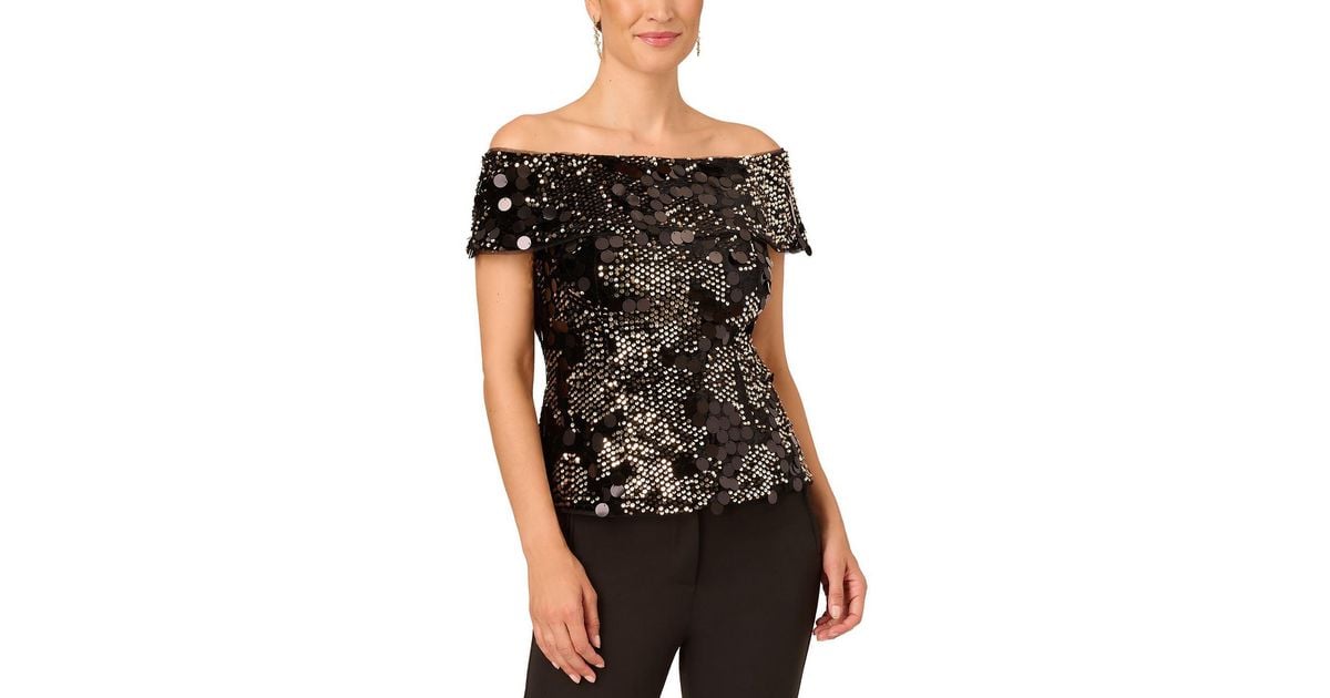 Adrianna Papell Sequined Hidden Back Zipper Off The Shoulder in Black | Lyst