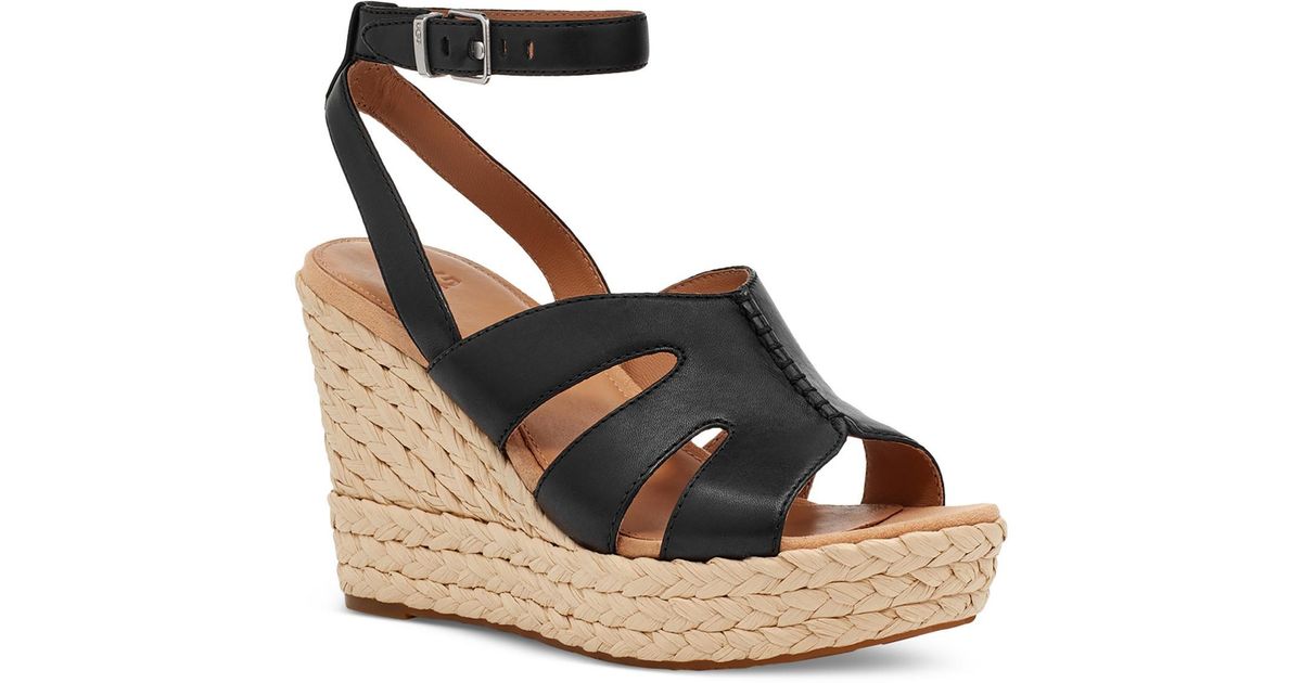UGG Careena Leather Open Toe Wedge Sandals in Black | Lyst
