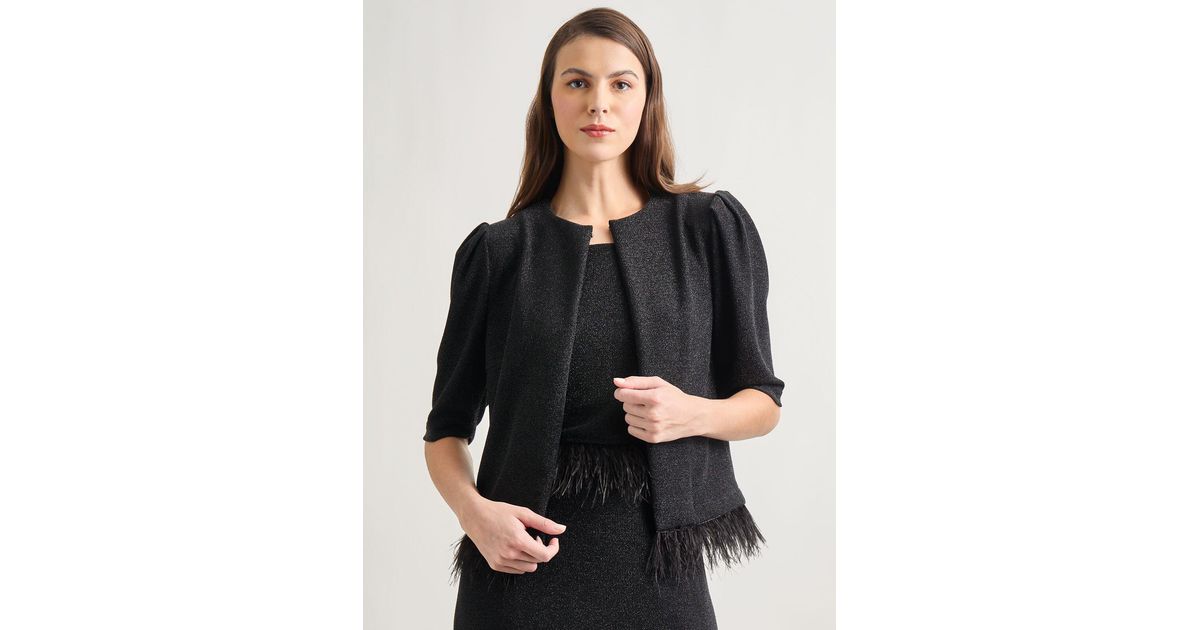Misook Modern Fit Ostrich Feather Trim Stretch Woven Jacket in Black | Lyst