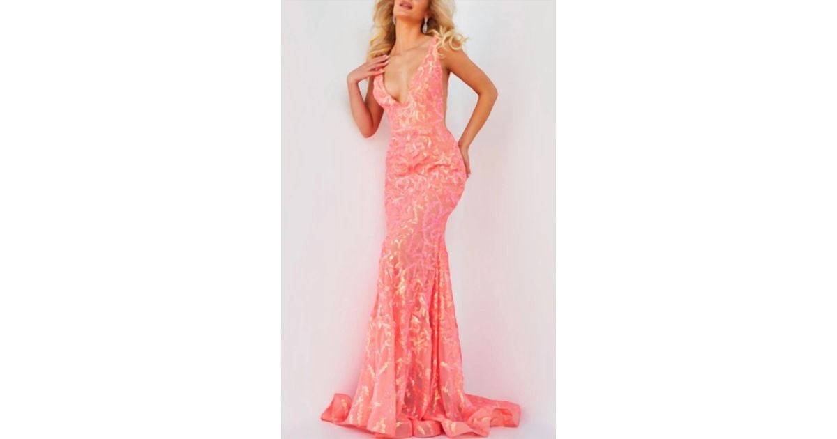 Jovani Plunging V-Neck Sequin Embellished Gown in Pink | Lyst