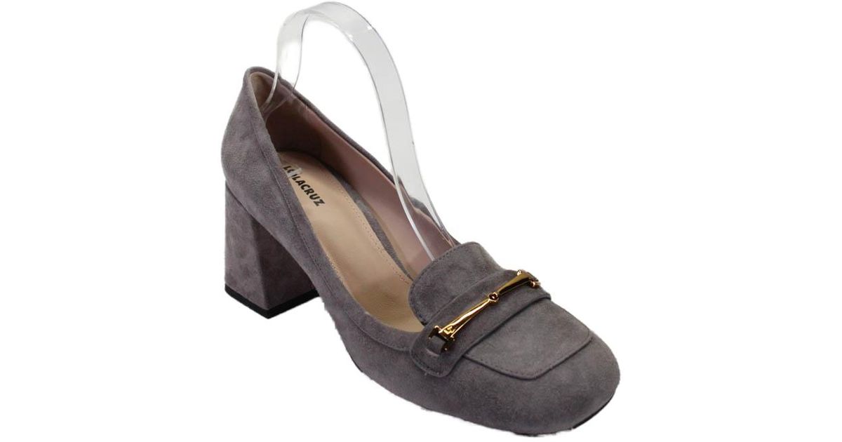 Lola Cruz Suede Gris Round Toe Buckled Loafer Pumps in Gray | Lyst