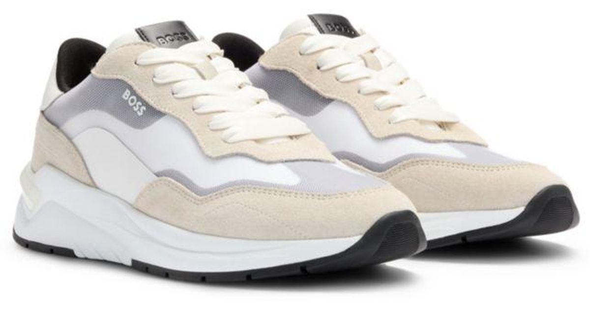 BOSS Running-Inspired Trainers With Suede And Mesh in White | Lyst