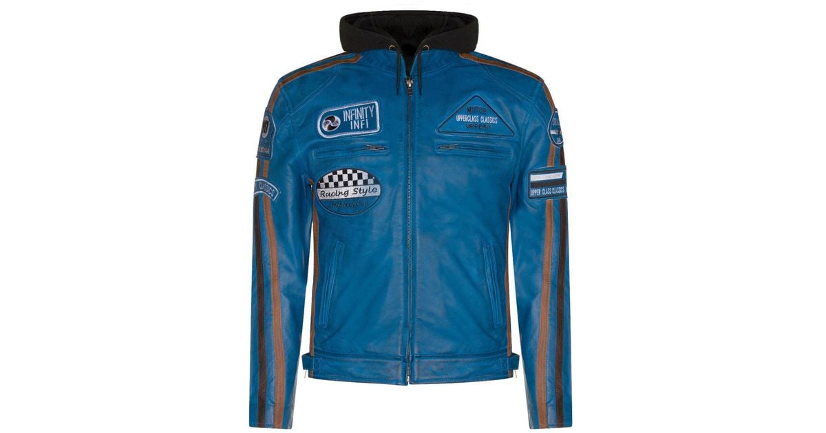 Infinity Leather Racing Hooded Leather Biker Jacket-Detroit in Blue for ...