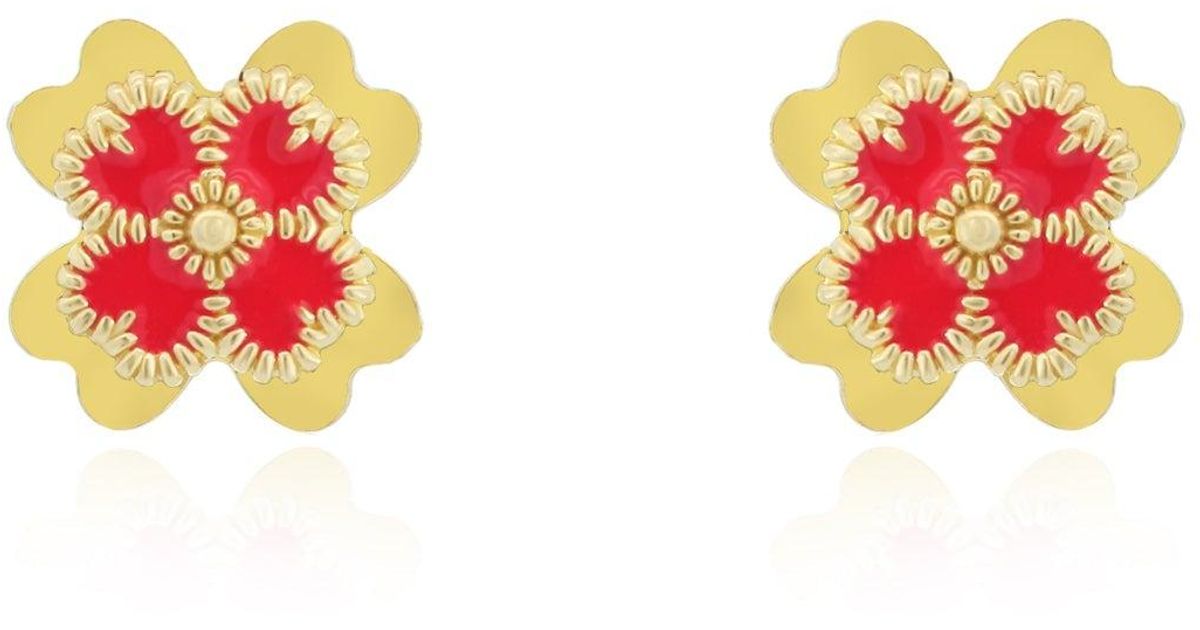 The Lovery Red Enamel Four Leaf Clover Stud Earrings in Pink | Lyst