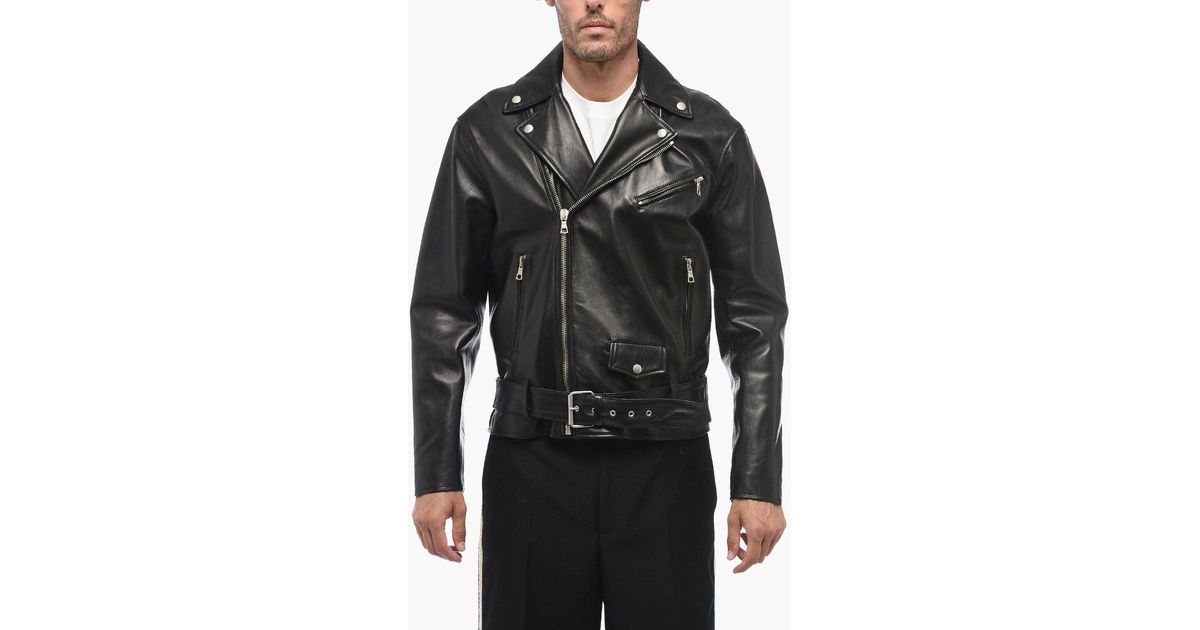Palm Angels Printed Logo Sleek Leather Biker Jacket in Black for Men | Lyst