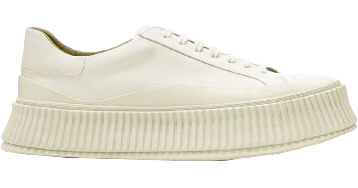 Jil Sander Light Leather Chunky Rubber Platform Sole Sneaker in White ...