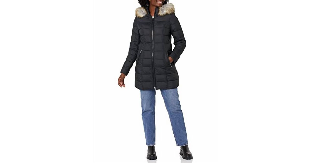 Laundry by Shelli Segal Stretch 3/4 Puffer Jacket With Faux Fur Striped ...