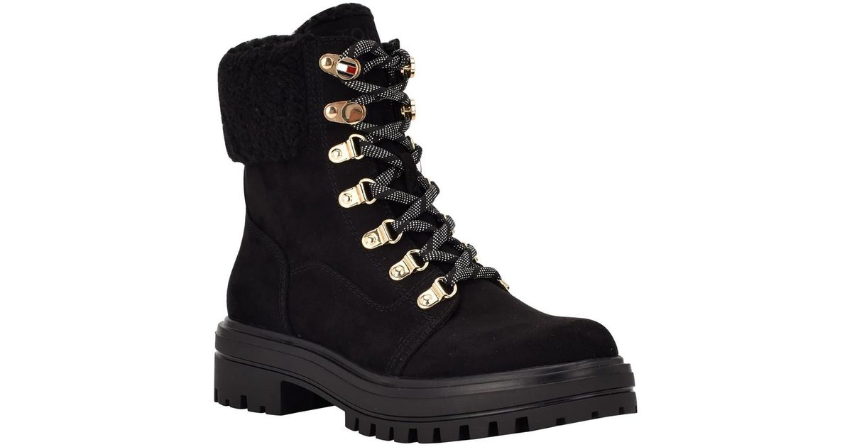 Tommy Hilfiger Faby2 Leather Faux Fur Combat & Lace-Up Boots in Black ...
