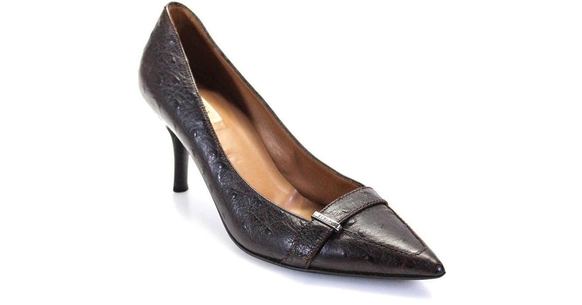 Furla Ostrich Leather Pointed Toe High Heels Pumps in Brown | Lyst
