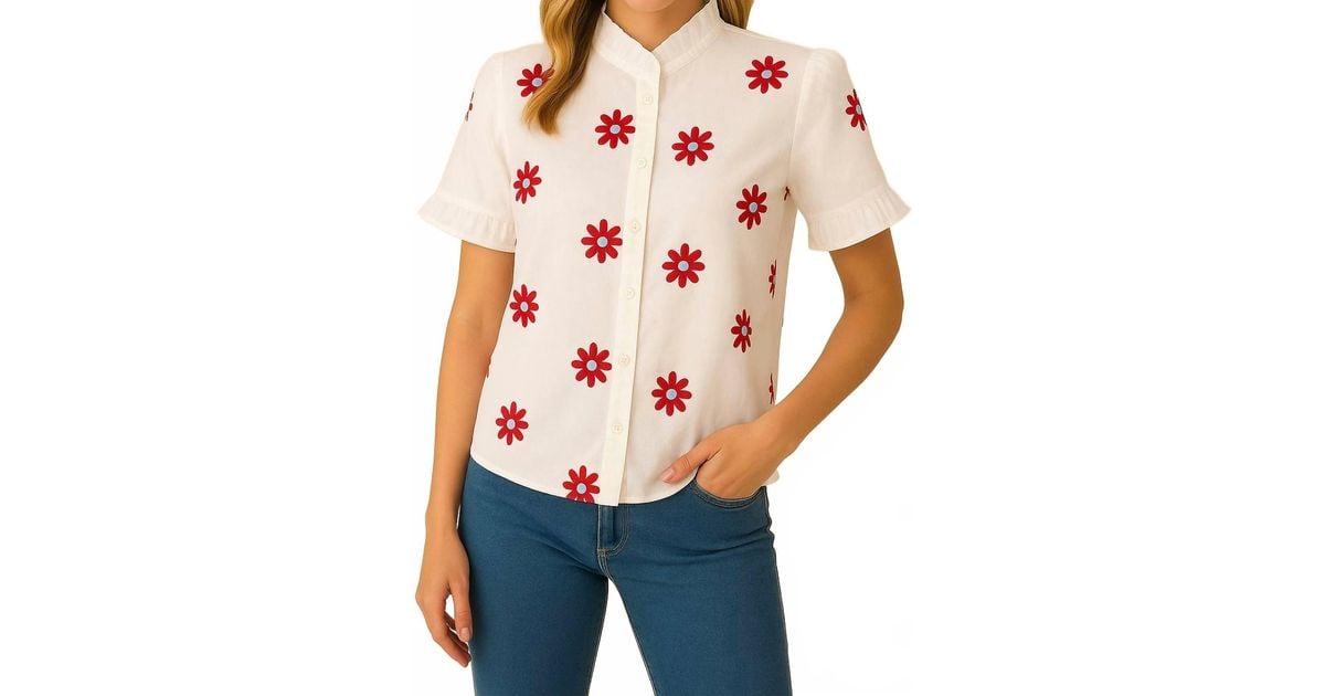 English Factory Collared Embroidered Floral Top in Pink | Lyst
