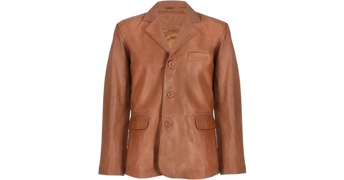 Infinity Leather 3 Button Leather Blazer Jacket-Dubai in Brown for Men ...