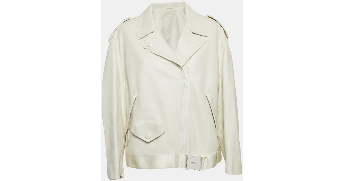 Prada Nappa Leather Biker Jacket in White | Lyst