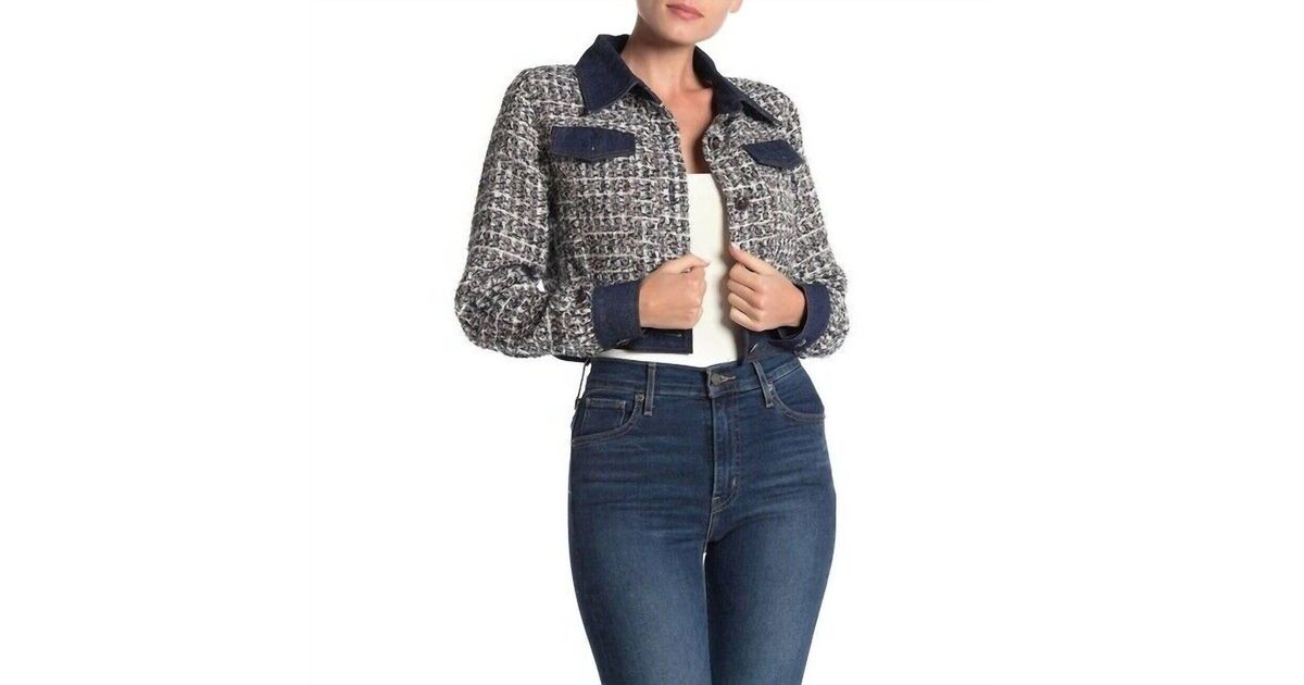 Gracia Tweed Glitter Contrast Denim Crop Jacket in Blue | Lyst