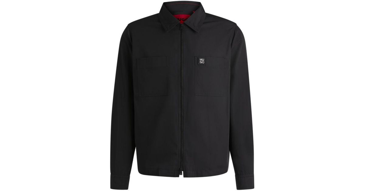 HUGO Oversize-Fit Zip-Up Shirt With Stacked Logo Trim in Black for Men ...
