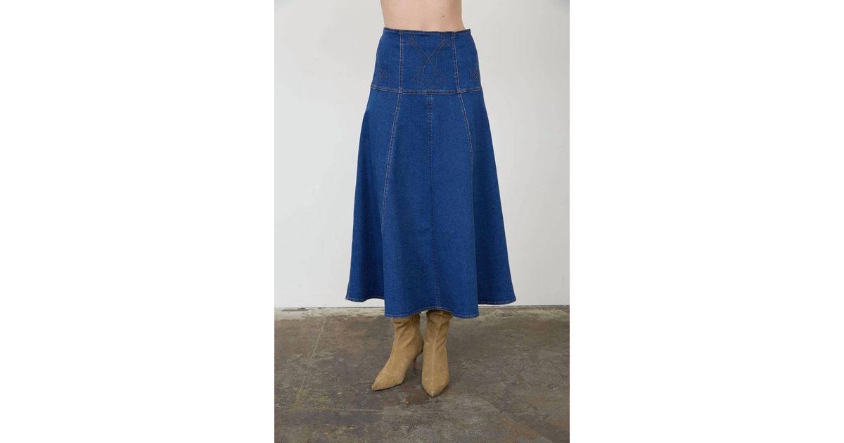 Moon River Embroidered Midi Skirt in Blue | Lyst