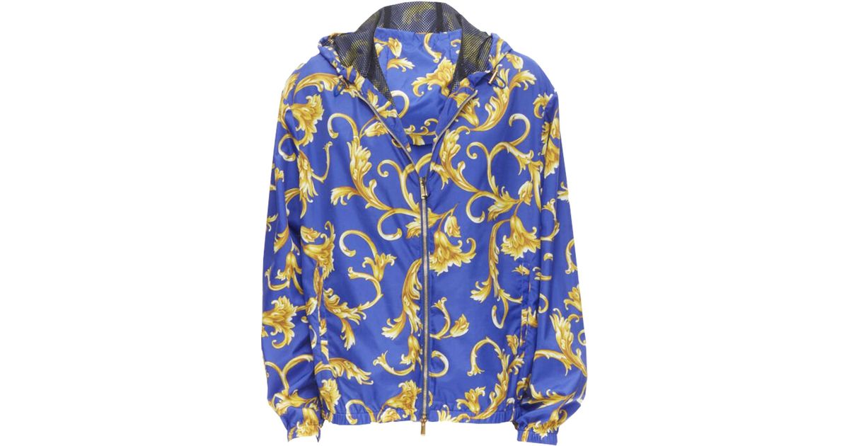 Versace Barocco Istante Print Nylon Windbreaker Jacket in Blue for Men ...