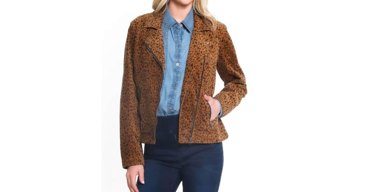 Doe And Rae Leopard Moto Jacket in Brown | Lyst