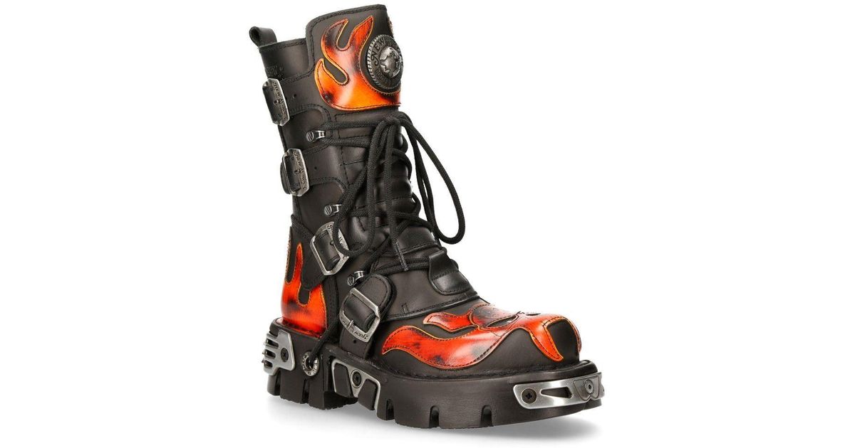 New Rock Flame Accented/ Leather Biker Skull Boots- 107-S1 in Black | Lyst