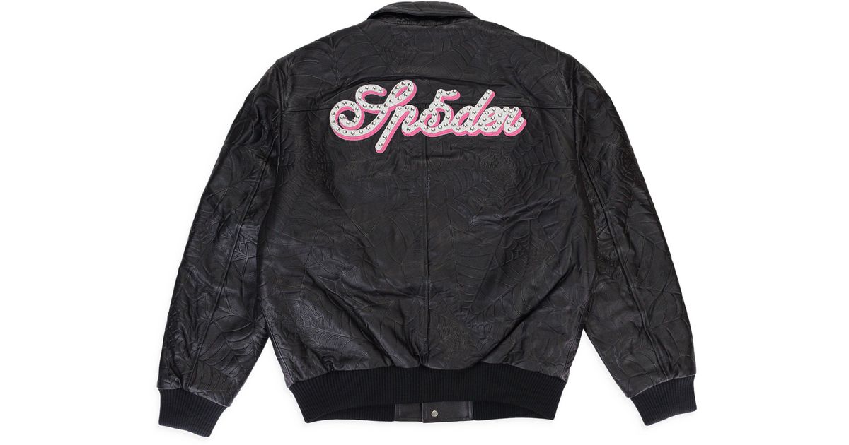 Sp5der Debossed Leather Jacket in Black for Men | Lyst