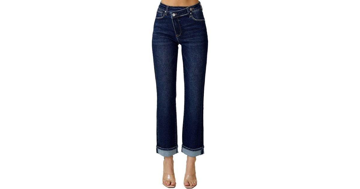 Risen High Rise Crossover Straight Leg Jeans in Blue | Lyst