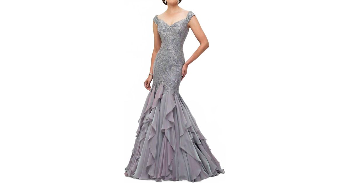 Ivonne D Beaded Trumpet Drop Waist Gown in Gray | Lyst