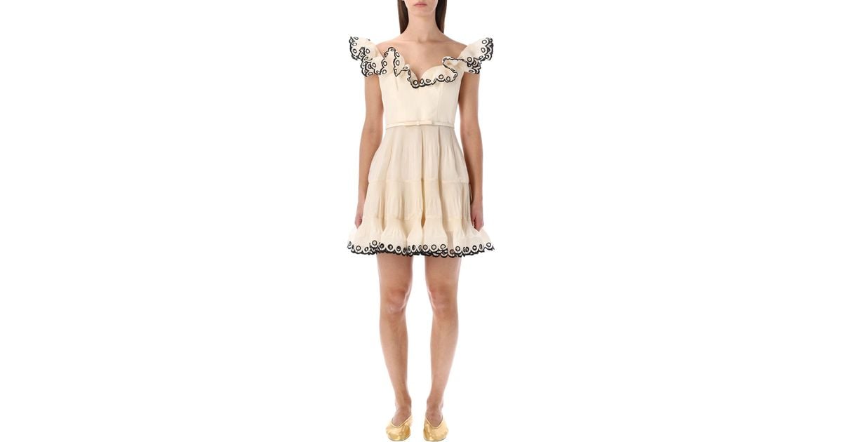 Zimmermann Embroidered Frilled Mini Dress in Natural | Lyst