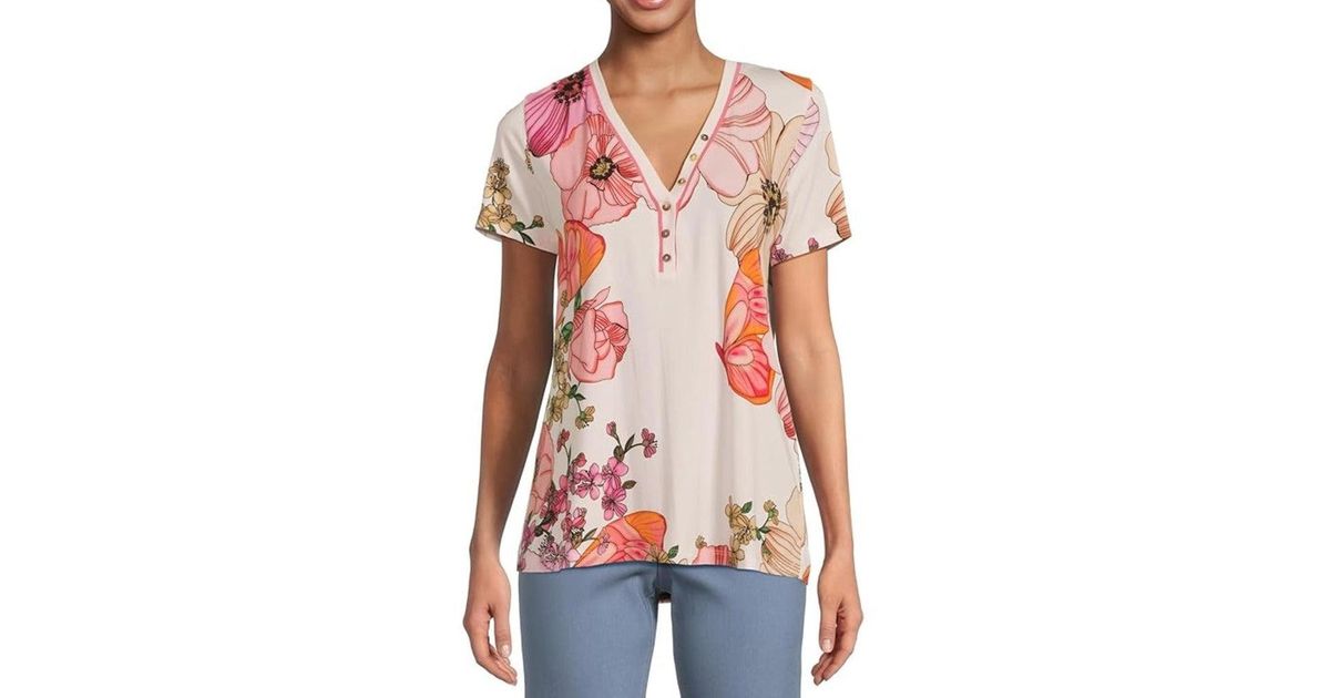 Johnny Was The Janie Favorite Short Sleeve Henley Tee, Rosabelia in Red ...