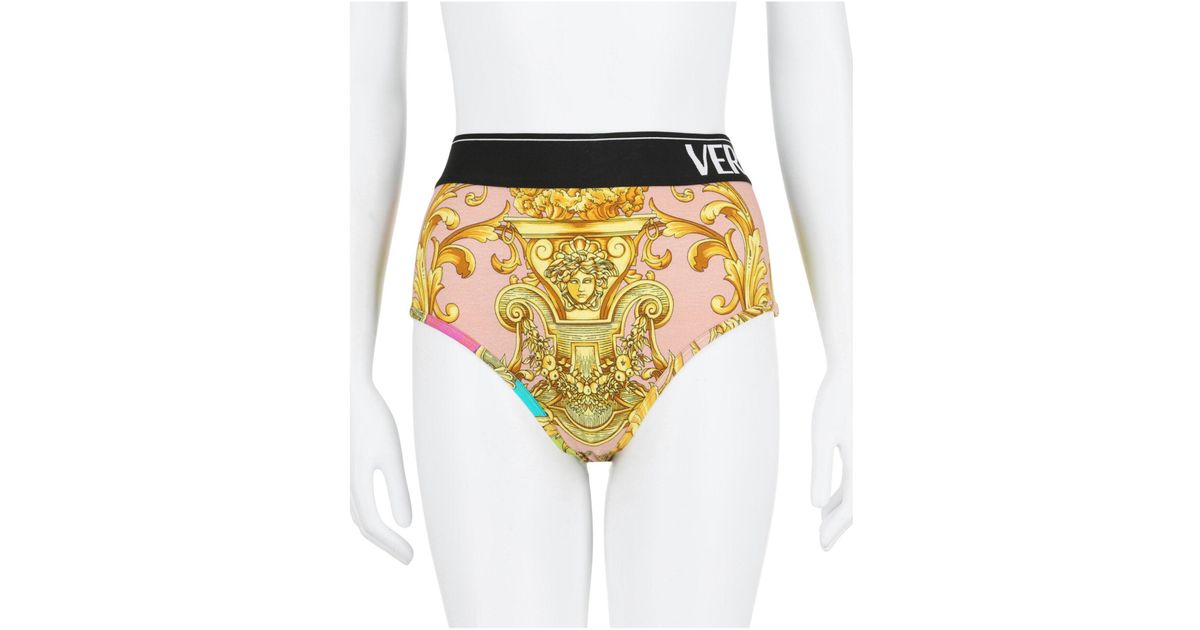 Versace Borocco Goddess Print High Rise Brief in White | Lyst