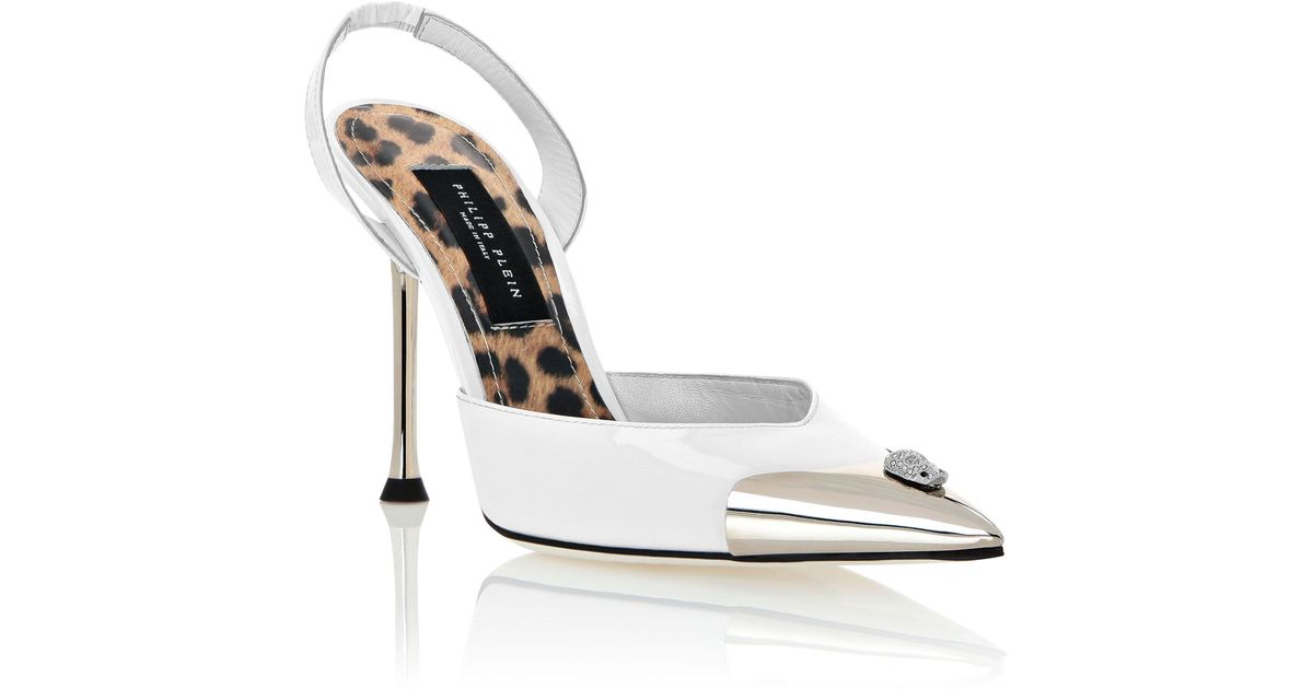 Philipp Plein Crystal Skull Patent Slingback Pumps in White | Lyst