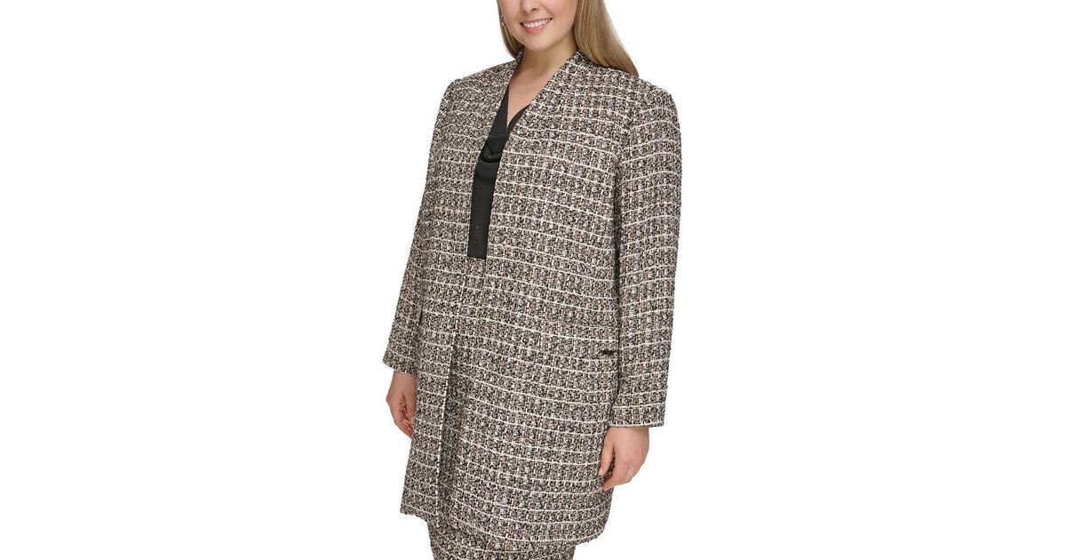 Calvin Klein Plus Tweed Open Front Duster Blazer in Gray | Lyst