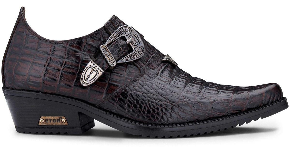Infinity Leather Croc Leather Cuban Heel Winklepicker Shoes in Black ...
