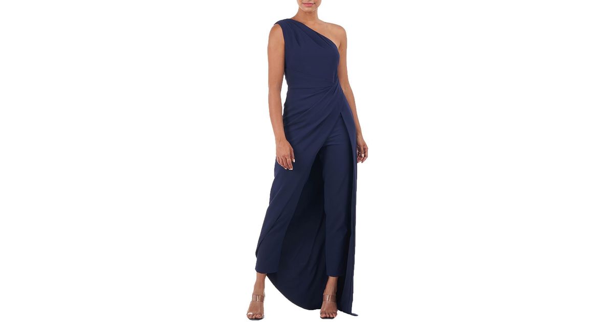 Kay Unger Riley Pleated One Shoulder Jumpsuit in Blue | Lyst