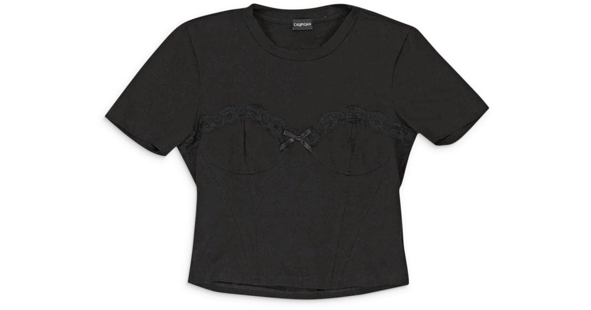 CALLIPYGIAN Lace Trim Bustier T-Shirt in Black | Lyst