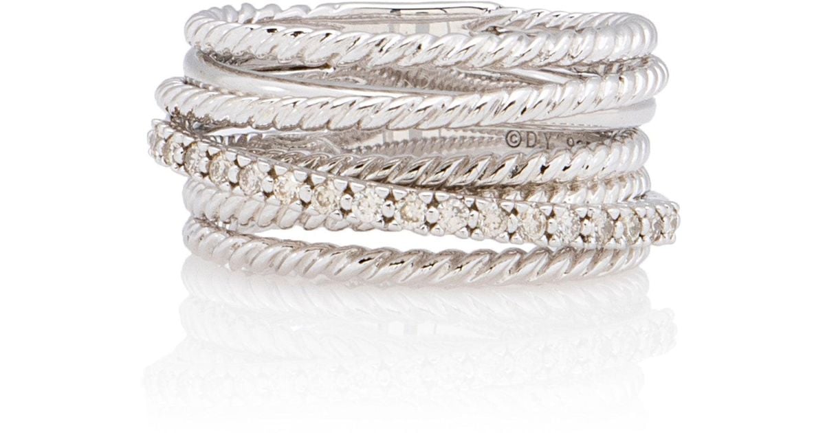 David Yurman Sterling Pave Diamond Crossover Wide Ring in White | Lyst