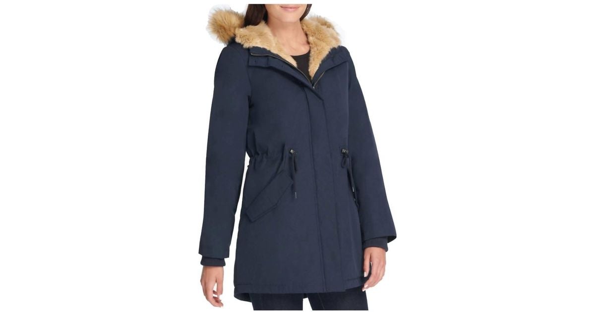 Levi's Faux Fur Trimmed Hooded Fishtail Parka Jacket in Blue | Lyst