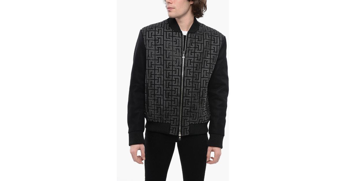 Balmain Wool Blend Bomber Jacket With Rhinestoned Monogram Pattern in Black for Men | Lyst
