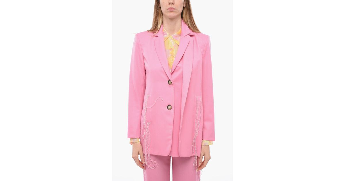 Julfer Frayed Details Wool Maxi Blazer 40 Italian Size in Pink | Lyst