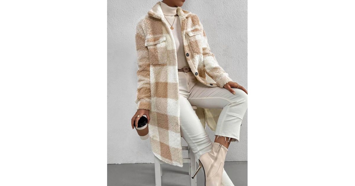 Miss Sparkling Sherpa Plaid Long Coat in Natural | Lyst