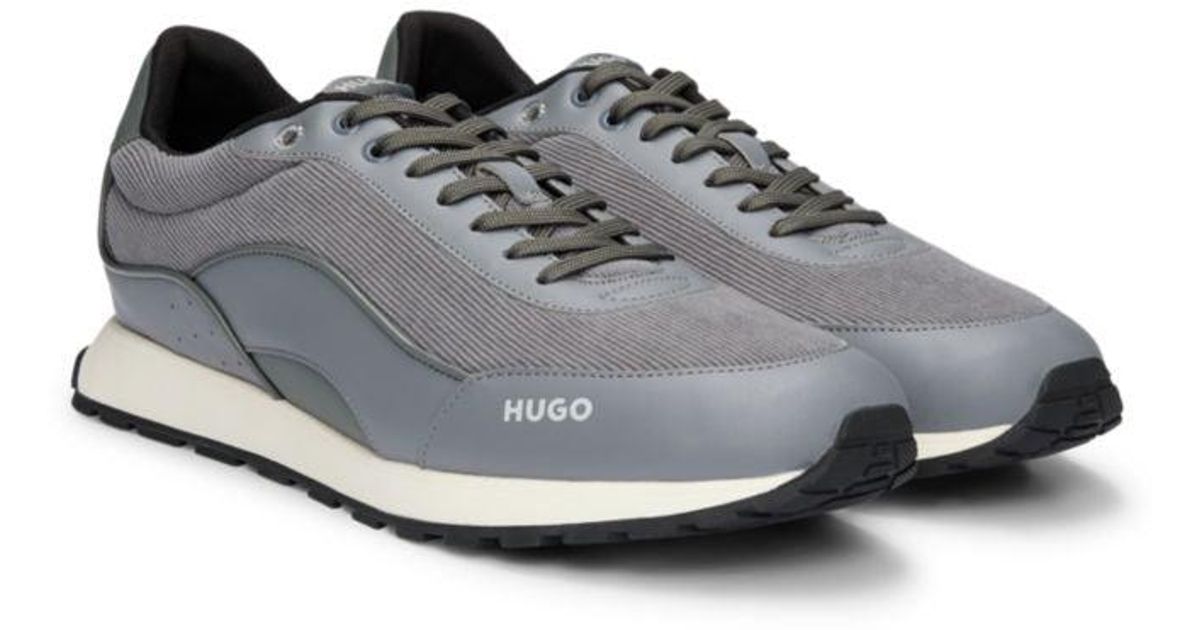 HUGO Mixed-Material Trainers With Corduroy-Effect Trims in Gray for Men ...