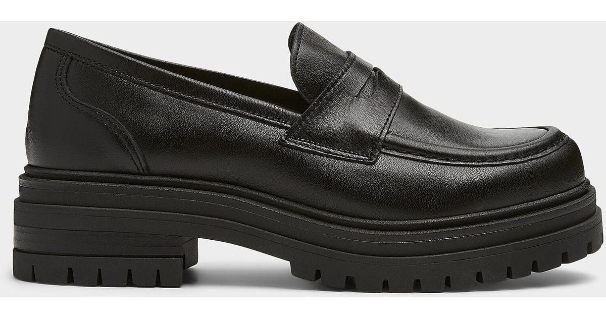 Simon's Notched Platform Soles Leather Penny Loafers in Black | Lyst