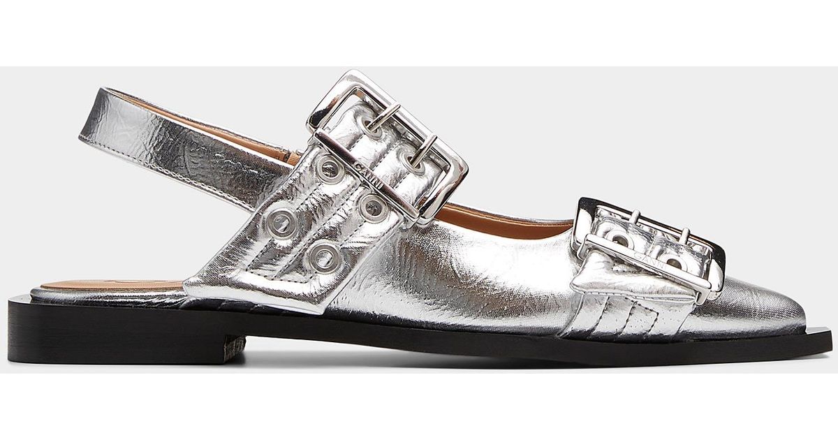 Ganni Silver Buckled And Grommets Slingback Ballet Flats Women in White ...