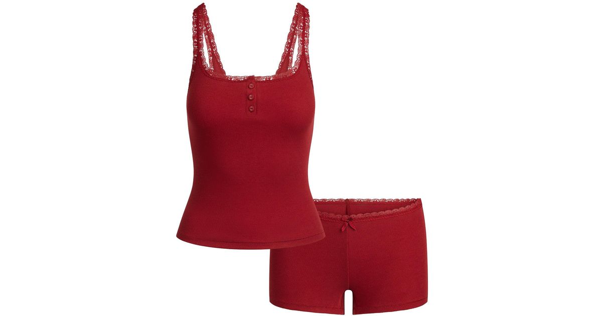 Skims Lace Tank Top And Short Set in Red | Lyst