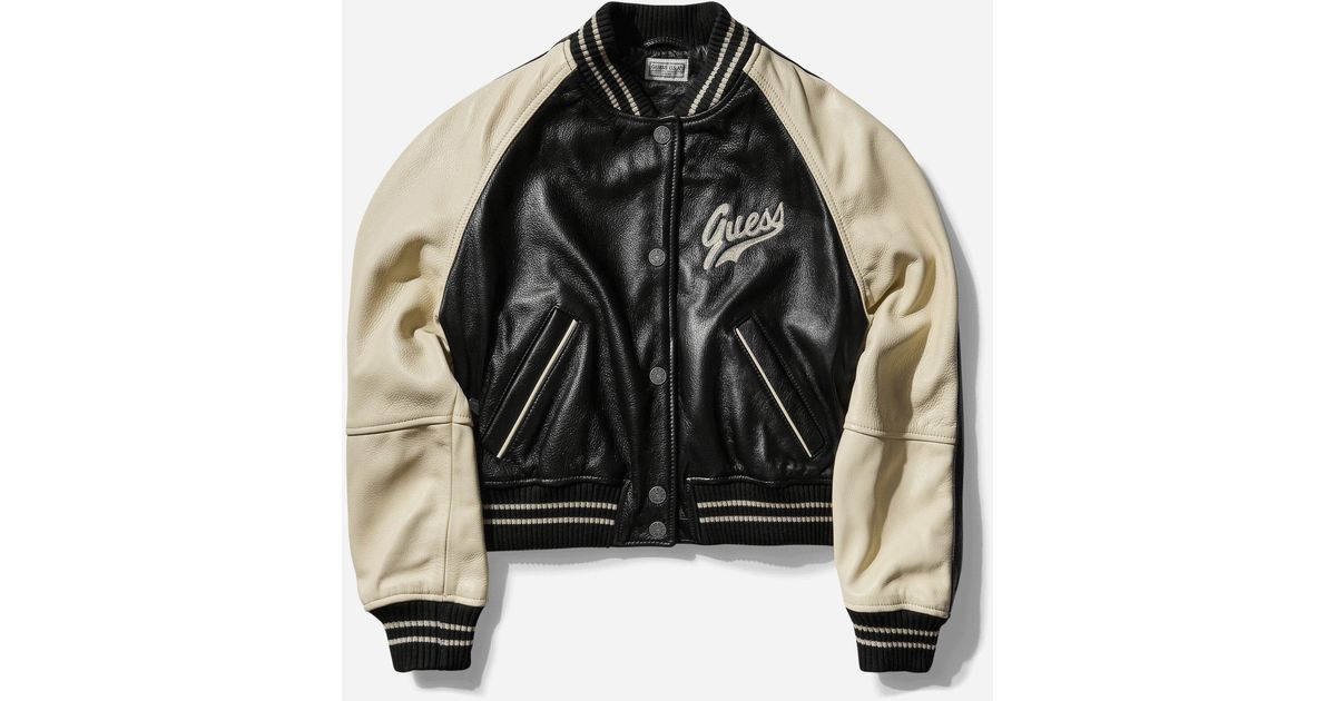 Guess Leather Varsity Jacket Jet in Black | Lyst