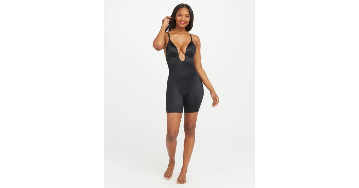 Spanx Suit Your Fancy Plunge Low Back Mid Thigh Bodysuit In Black