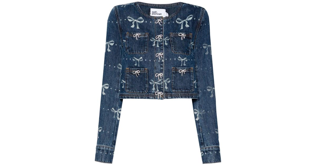 Self-Portrait Bow-Print Denim Jacket in Blue | Lyst