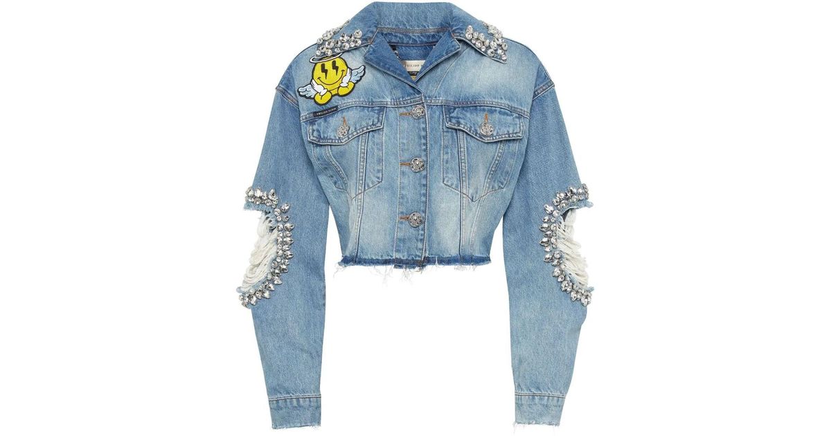 Philipp Plein Denim Cropped Smile Jacket in Blue | Lyst