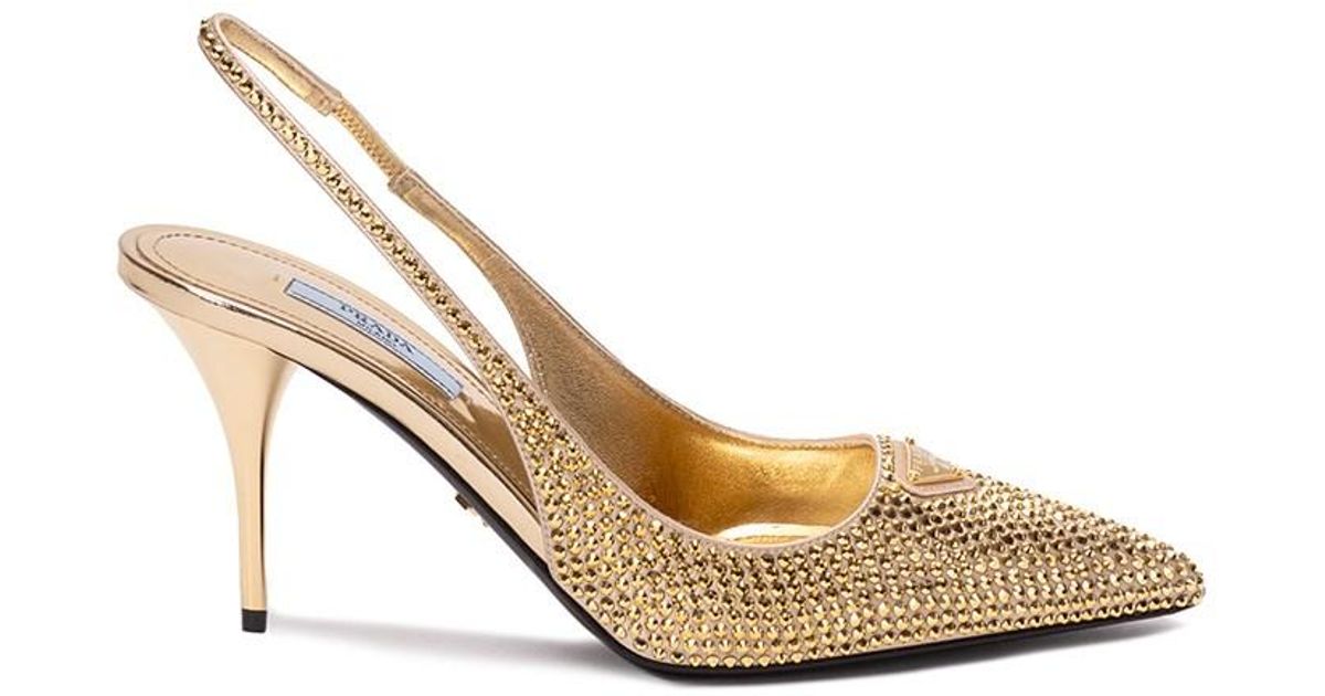Prada Crystal Embellished Slingback Heels in Metallic | Lyst