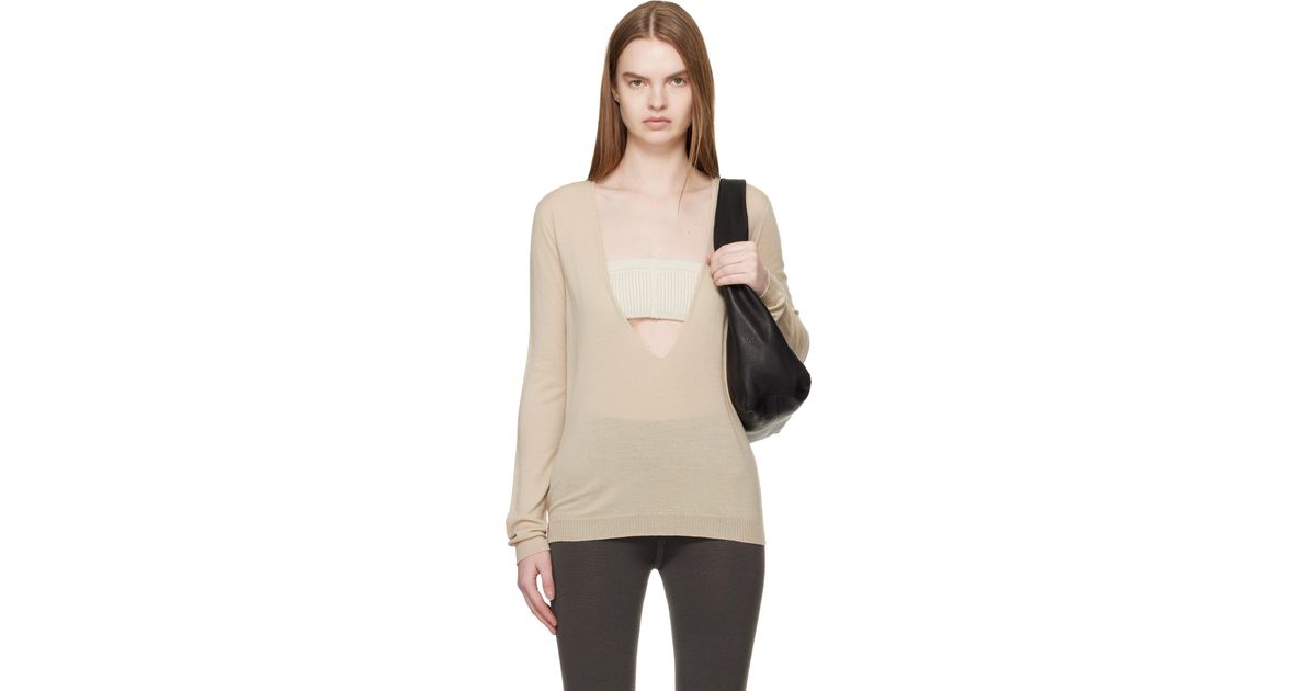 Rick Owens Temple Extreme V Neck Pull Sweater in Natural | Lyst UK