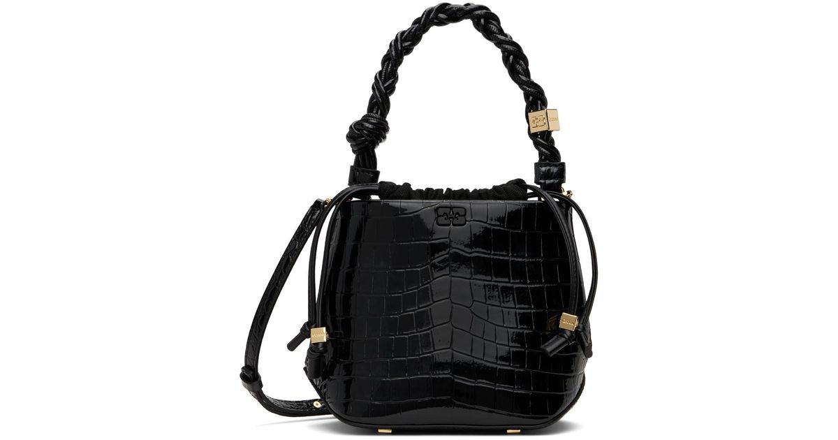 Ganni Croc Patent Bou Bucket Bag in Black | Lyst